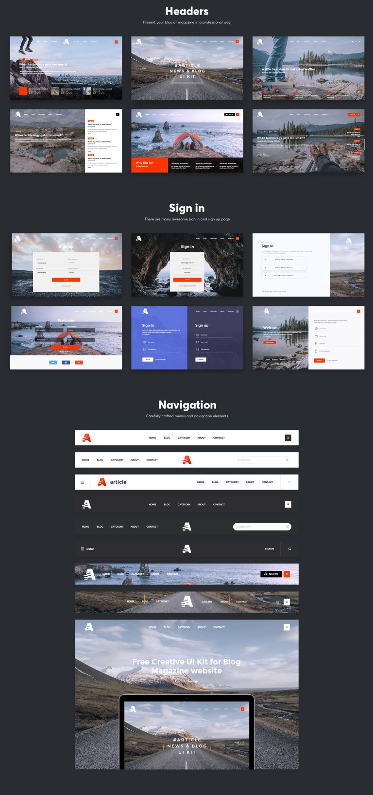 Article UI Kit for creation blog, magazine or newspaper sites - Grooni ...